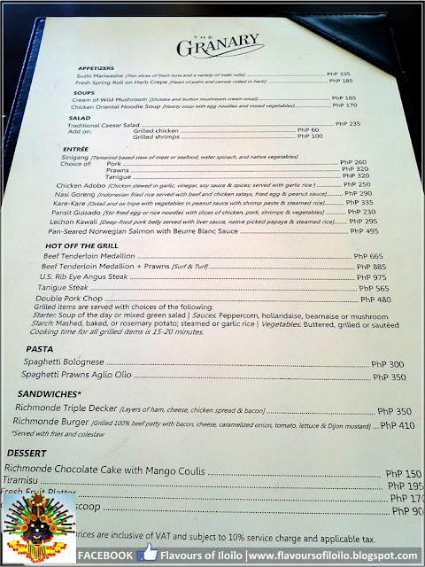 Menu at The Granary restaurant, Iloilo City
