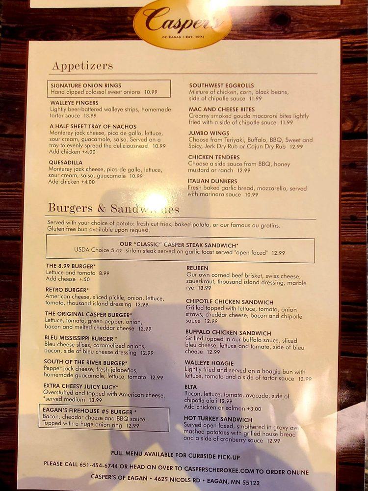 Menu at Casper's Cherokee of Eagan pub & bar, Eagan