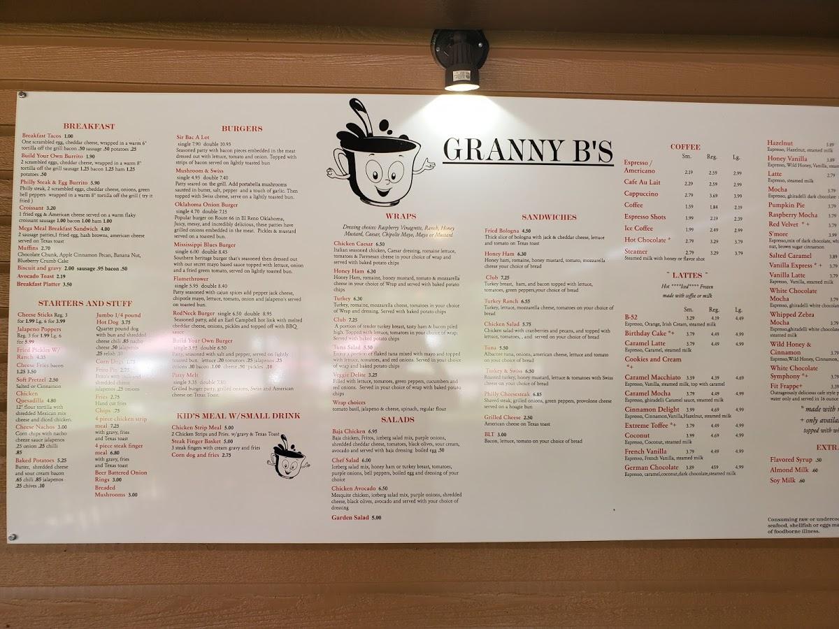 Menu at Granny B's restaurant, Gladewater