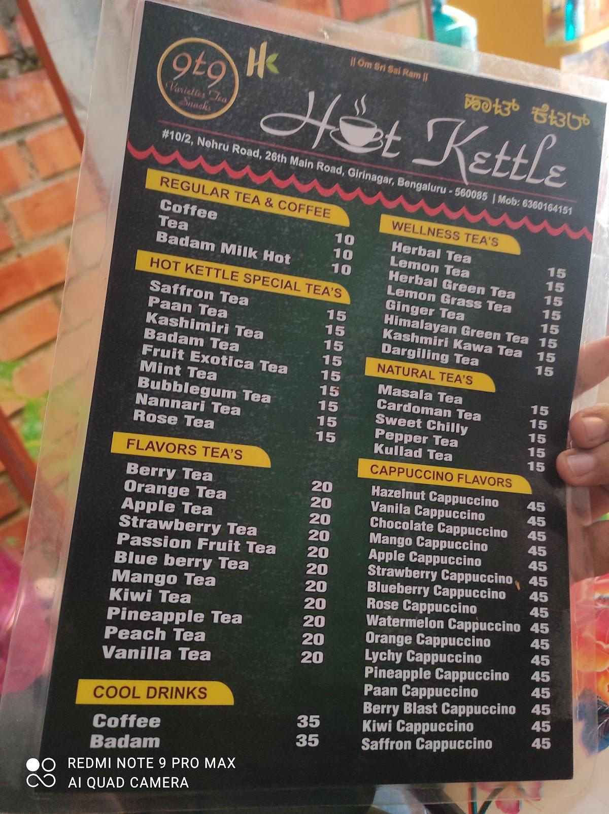 Menu at Hot kettle, Bengaluru