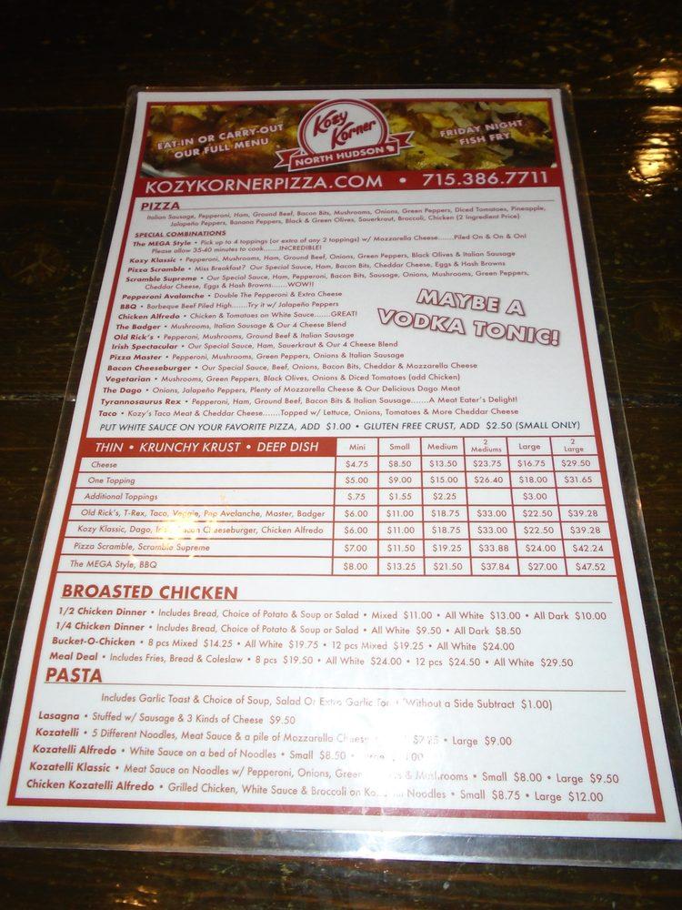 Menu at Kozy Korner pizzeria, Hudson, 708 6th St N
