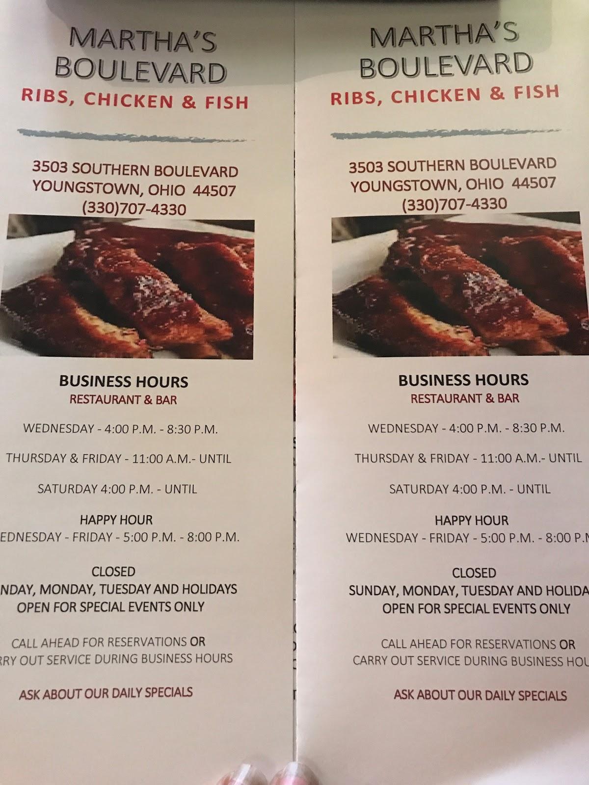 Menu at Martha's Boulevard Tavern BBQ, Youngstown