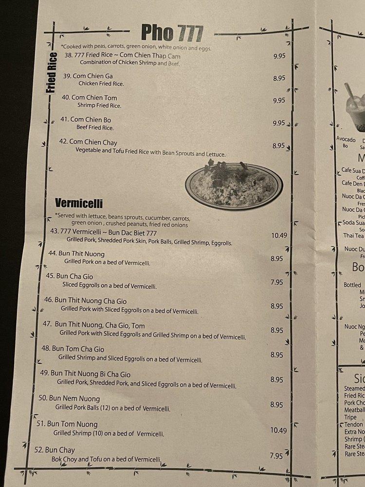 Menu at Pho 777 Vietnamese Cuisine restaurant, Conover