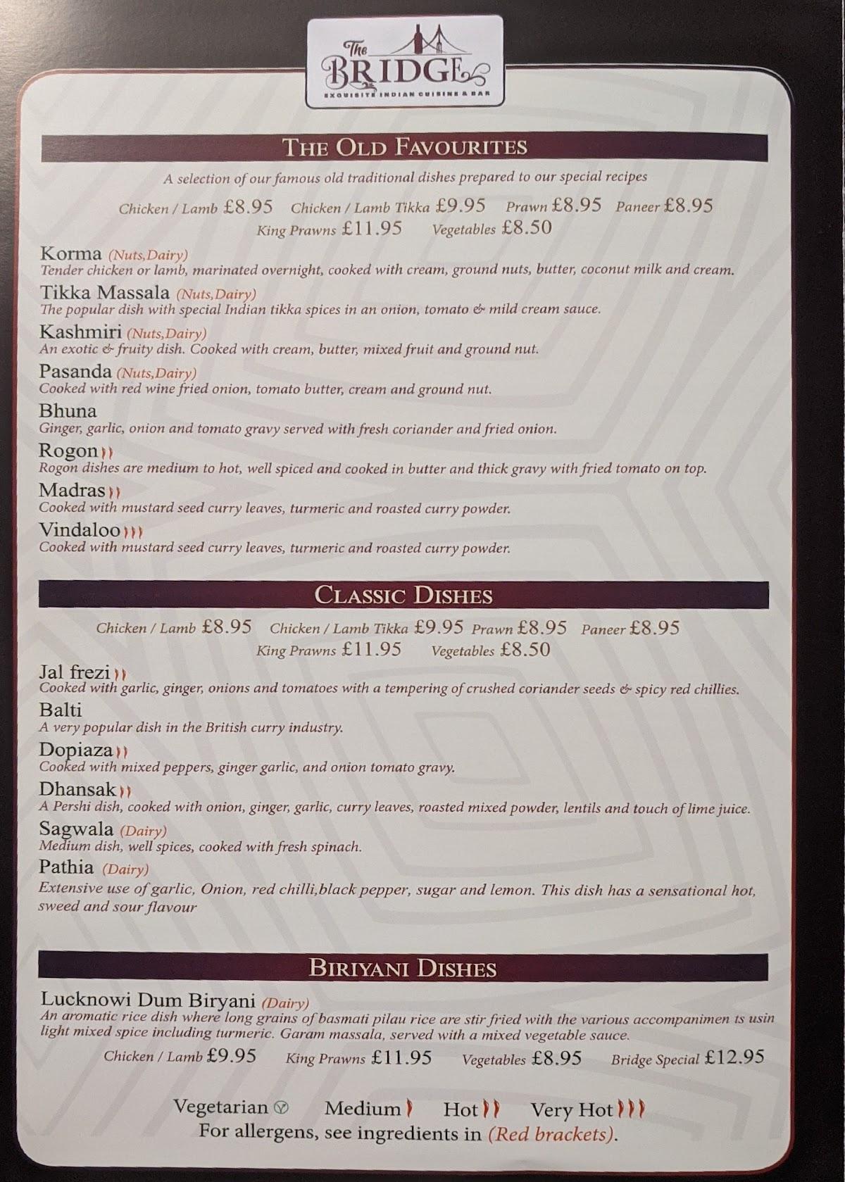 Menu at The Bridge restaurant, Sherston