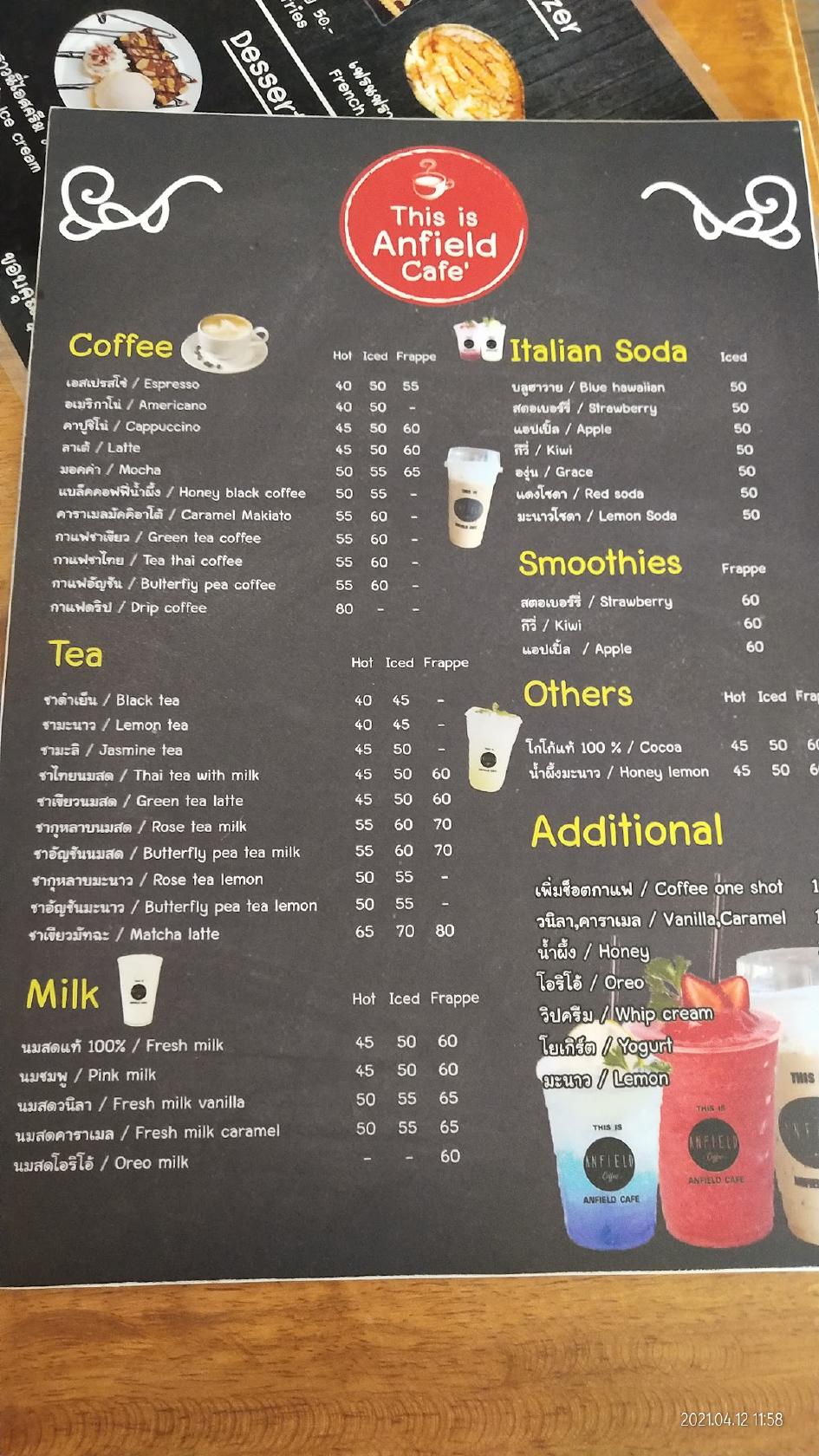 Menu at Anfield Cafe, Khlong Wan