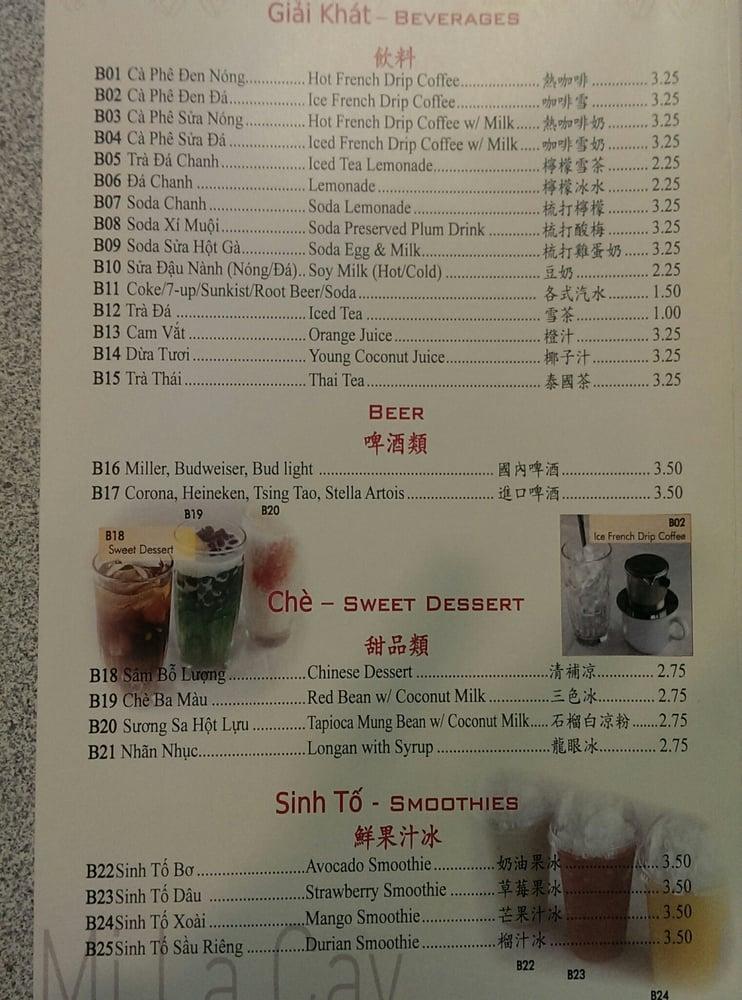 Menu at Mi La Cay Restaurant, San Jose