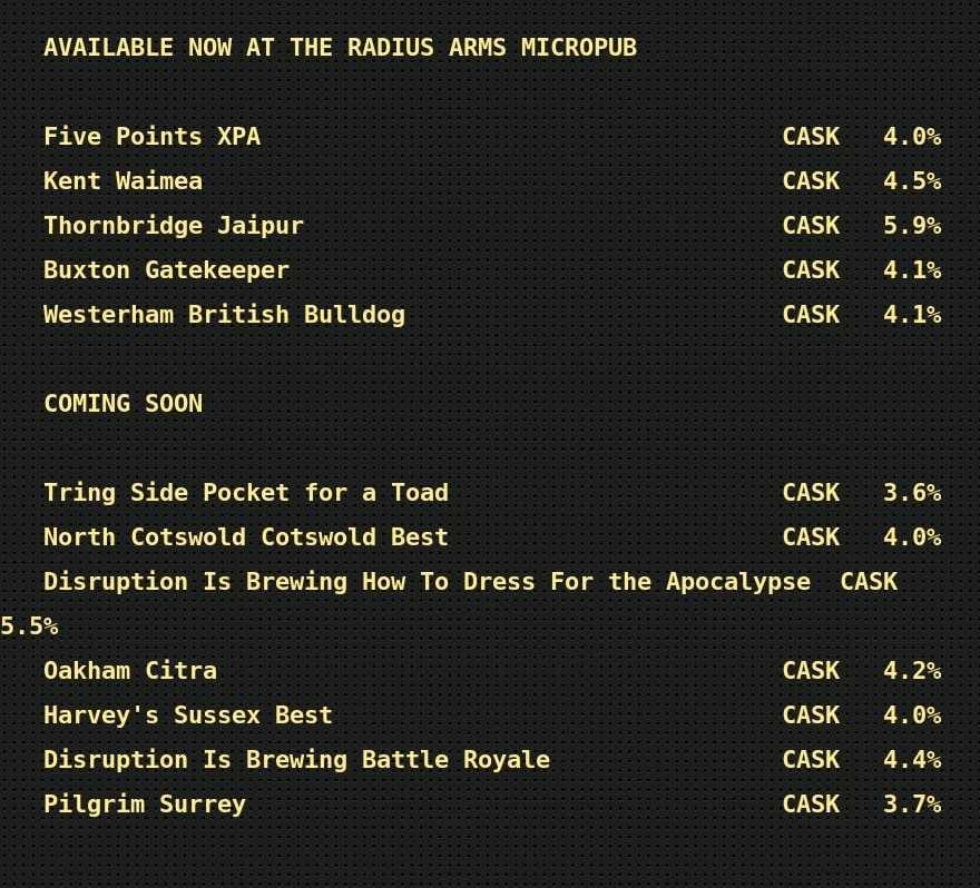 Menu at The Radius Arms pub & bar, Whyteleafe