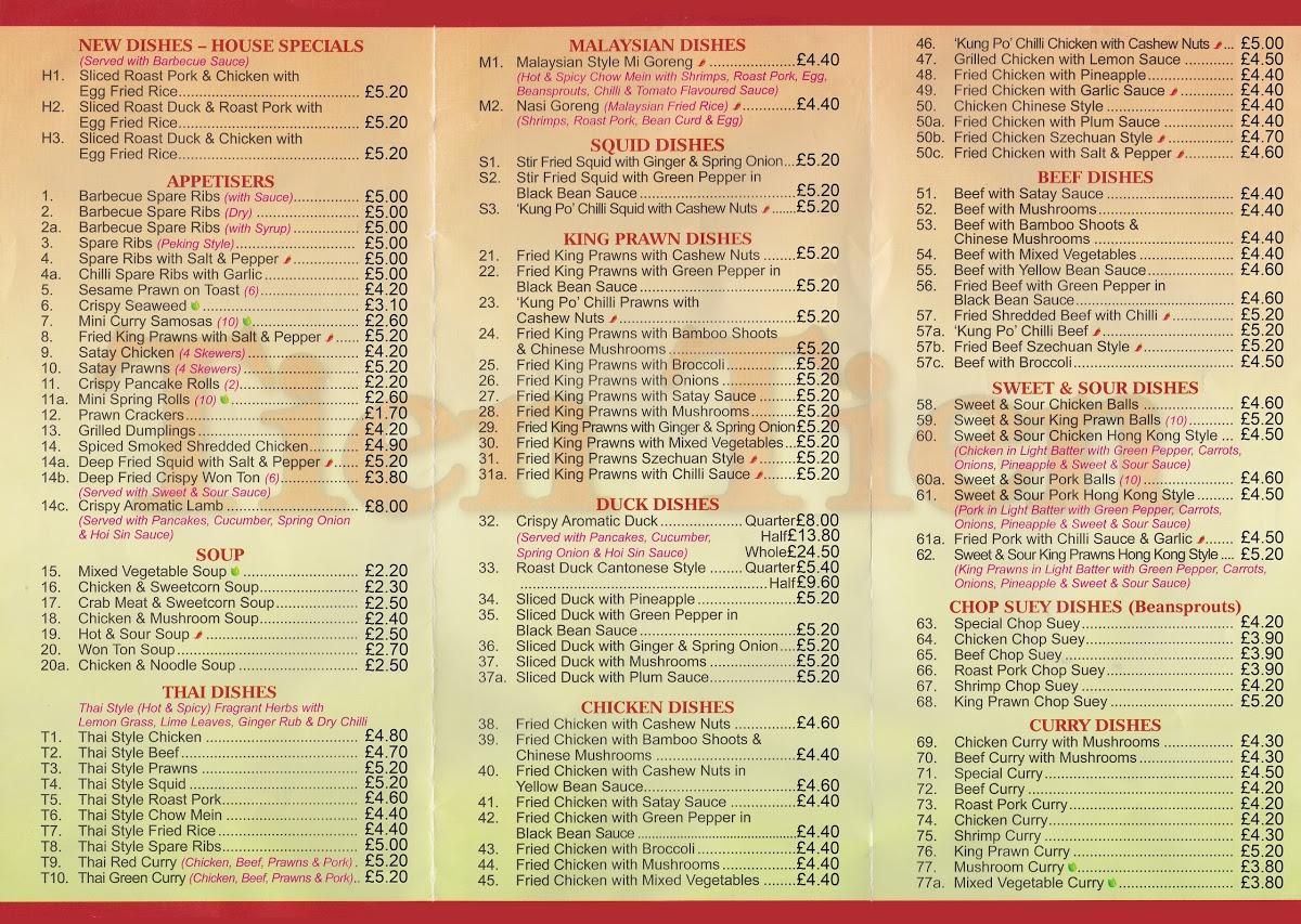 Menu at New Tien Tien, Thetford