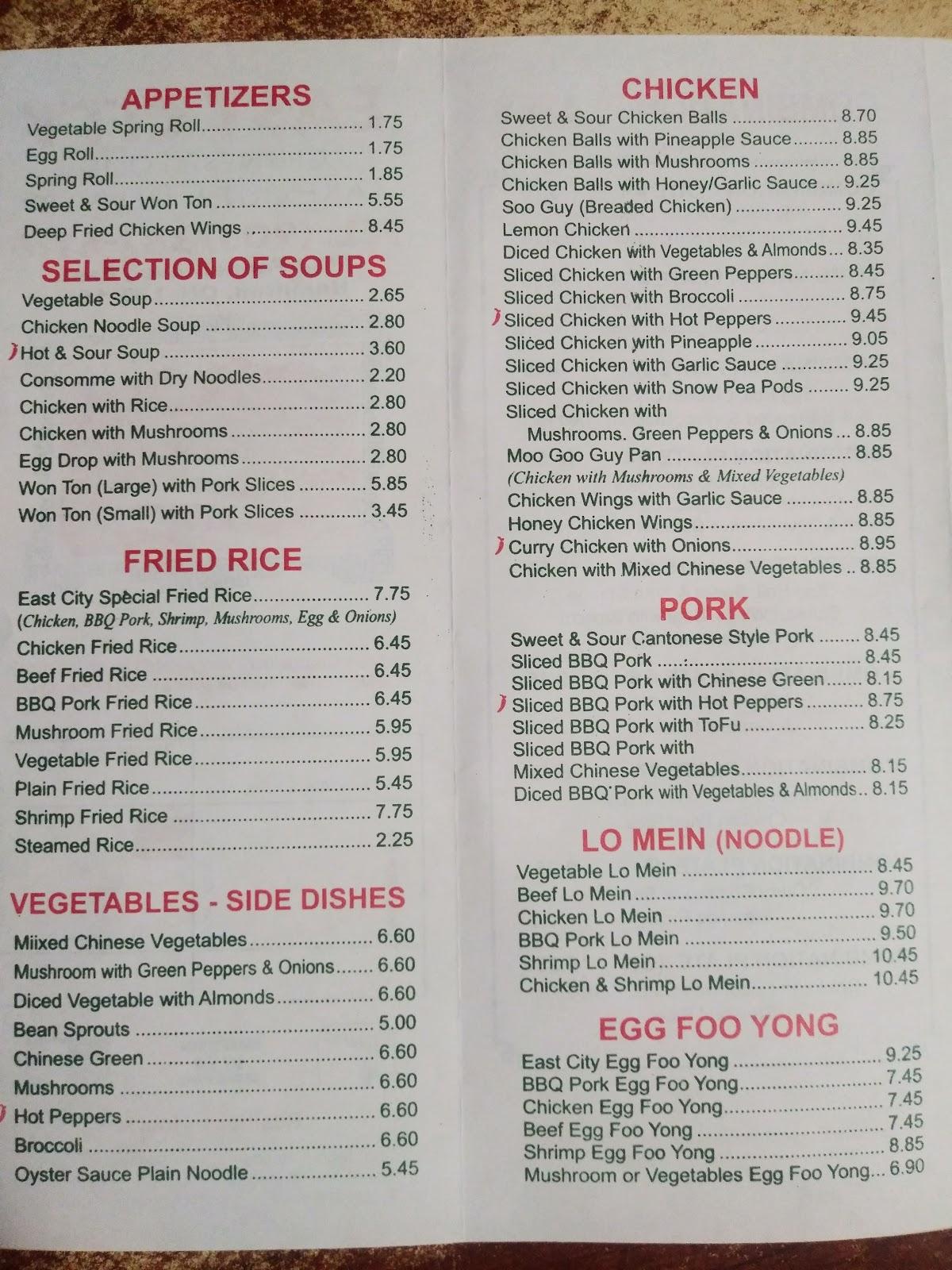 Carta del restaurante East City Chinese Food Take Out, Hamilton