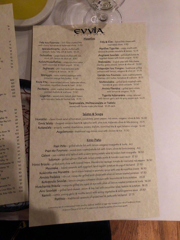 Menu at Evvia Estiatorio restaurant, Palo Alto, 420 Emerson St