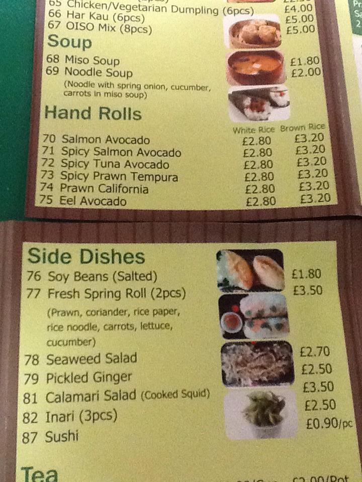 Menu at Iso Sushi restaurant, Belfast