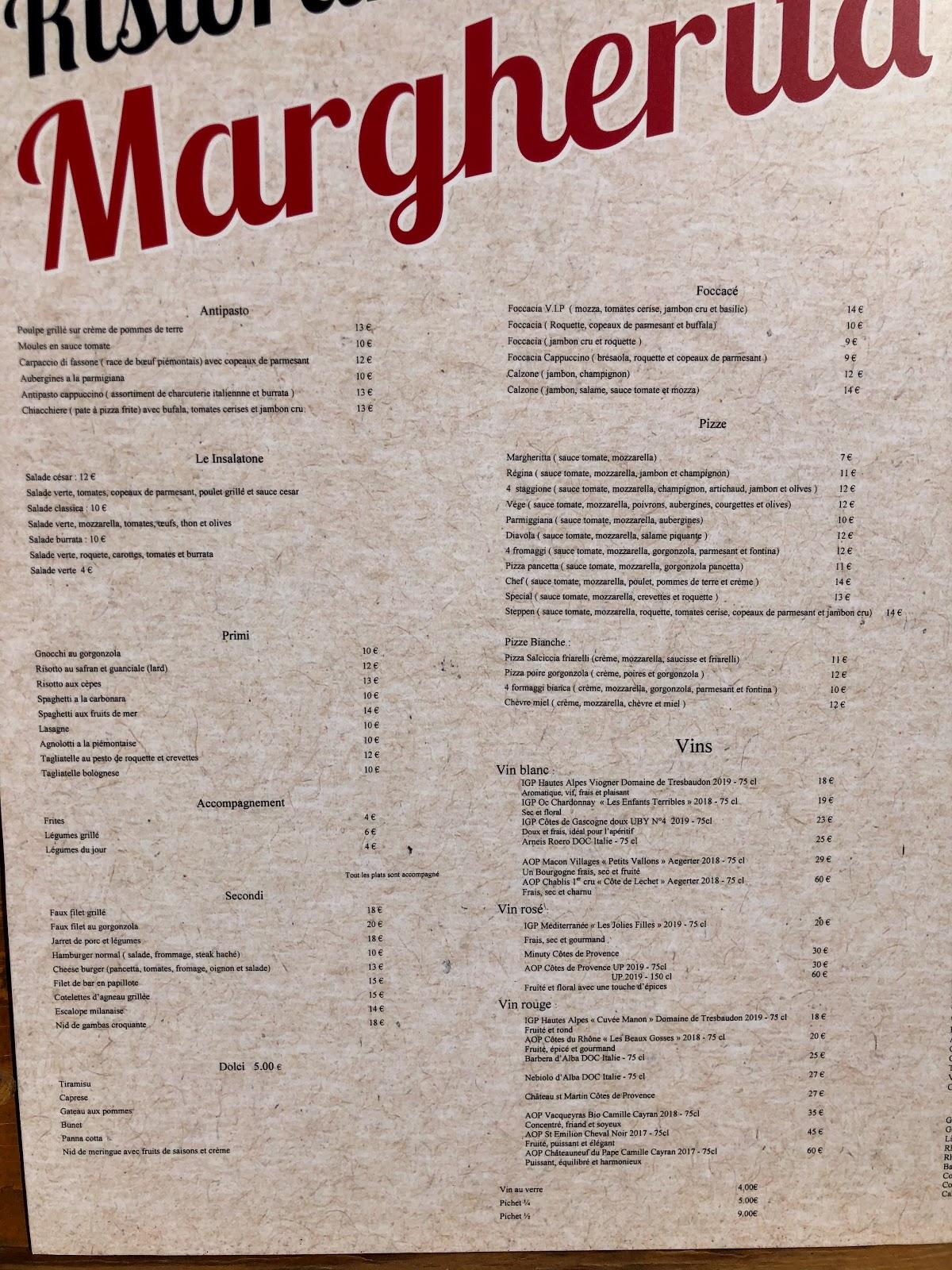 Menu at Margherita Briançon restaurant, Briançon