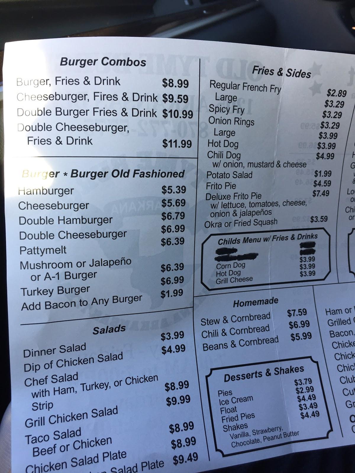 Menu at Old Tyme Burger Shoppe restaurant, Texarkana, Arkansas Blvd