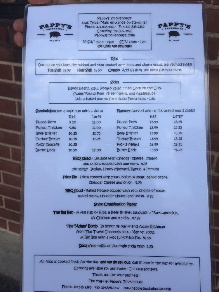Menu at Pappy's Smokehouse BBQ, St. Louis