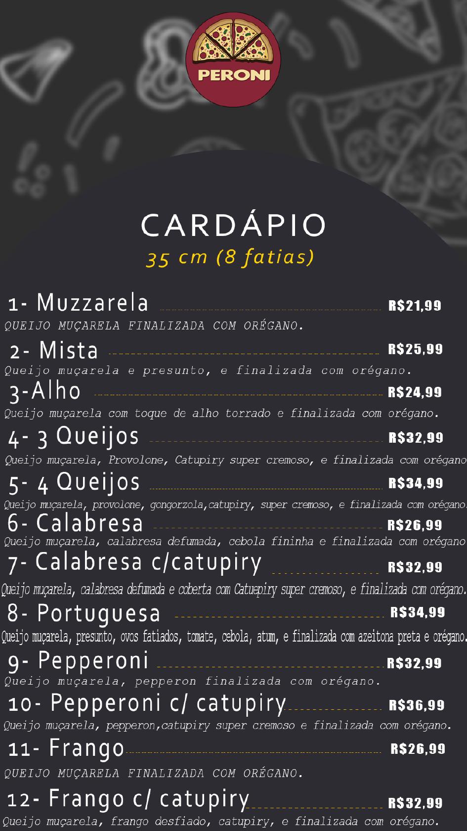 Menu at Peroni Delivery restaurant, Cabo Frio