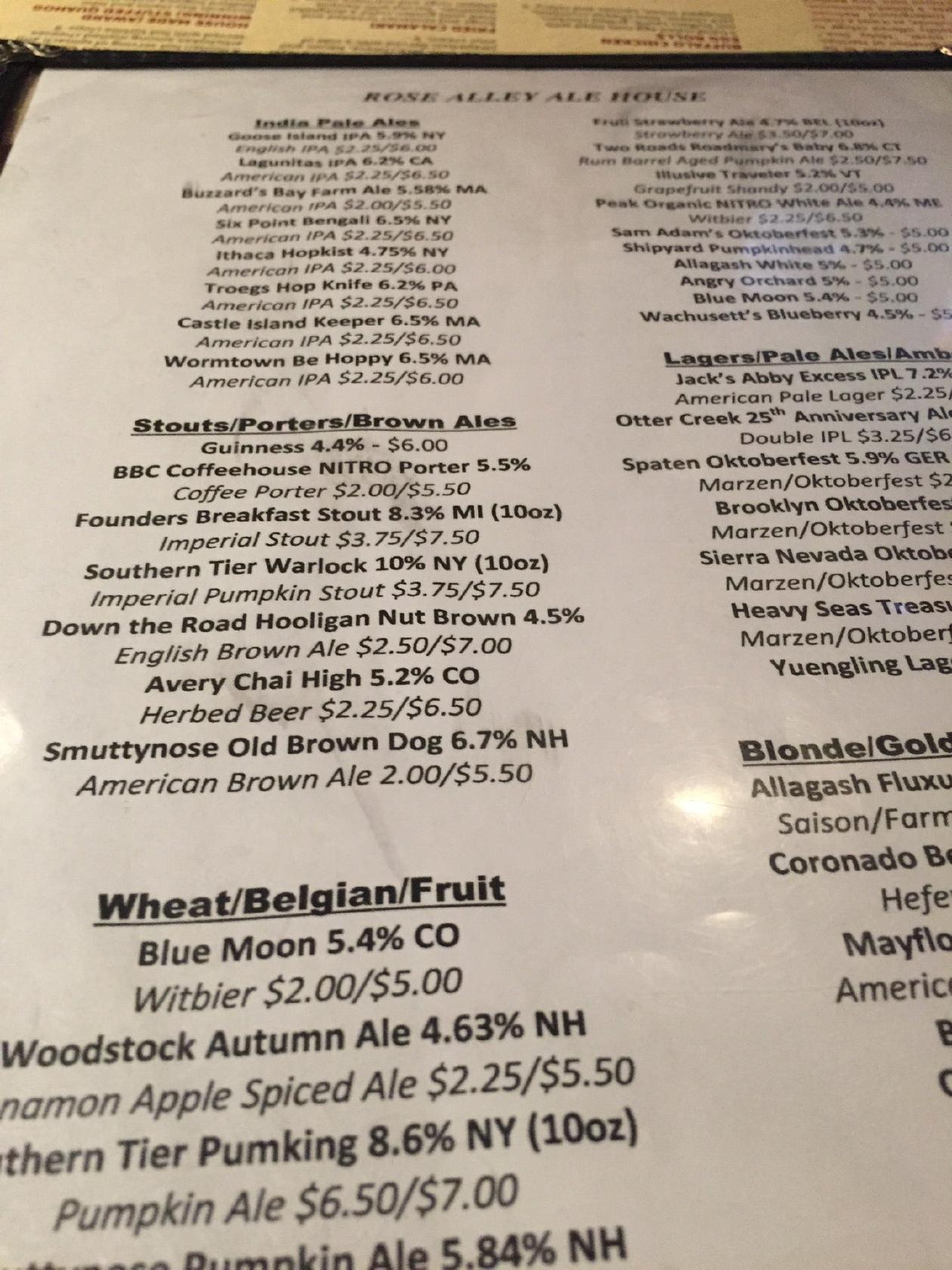 Menu at Rose Alley Ale House pub & bar, New Bedford