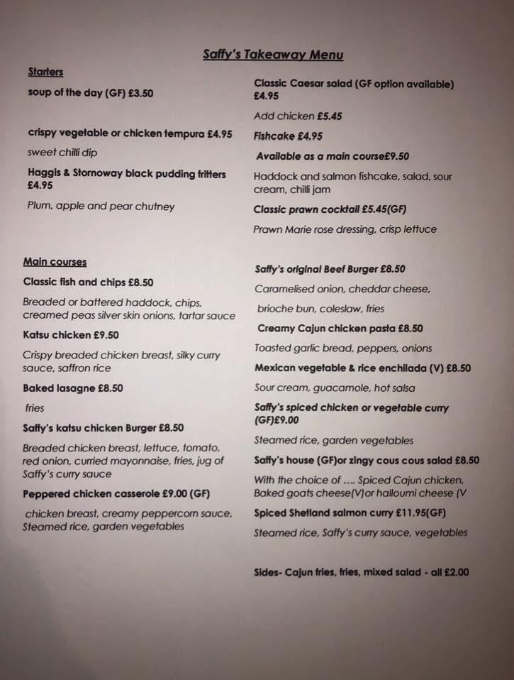 Menu at Saffy's Bistro restaurant, Ayr