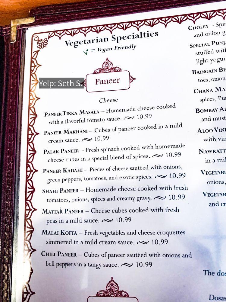 Menu at Taste of India restaurant, Bloomington