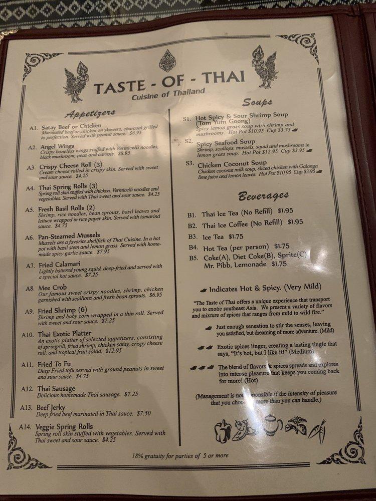 Menu at Taste of Thai restaurant, Douglasville, Chapel Hill Rd # 245