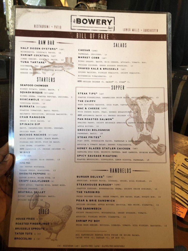 Menu at The Bowery Bar, Boston
