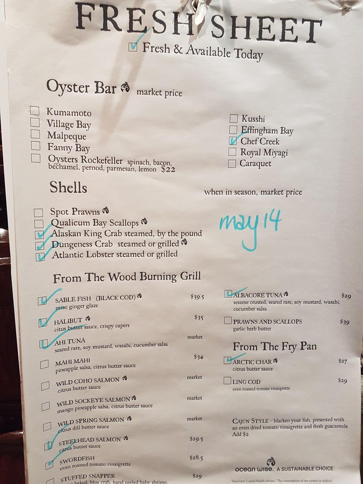 Menu at The Sandbar Seafood Restaurant, Vancouver