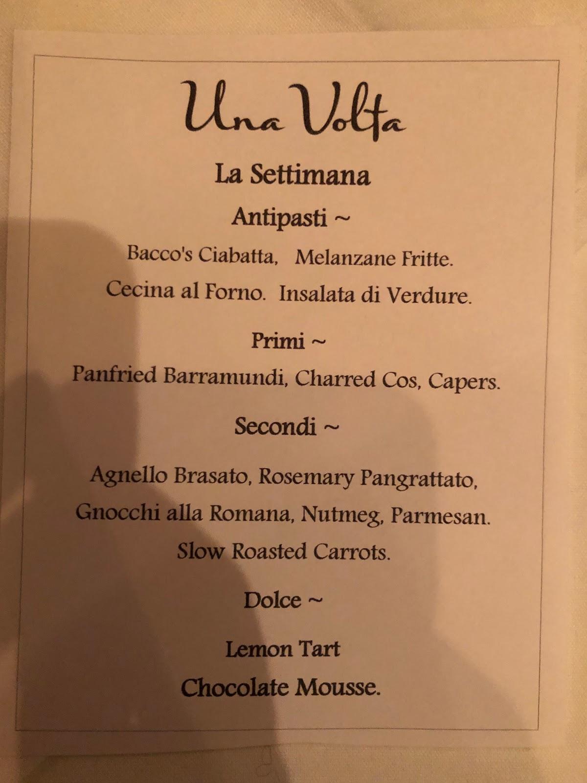 Menu at Una Volta restaurant, Newcastle