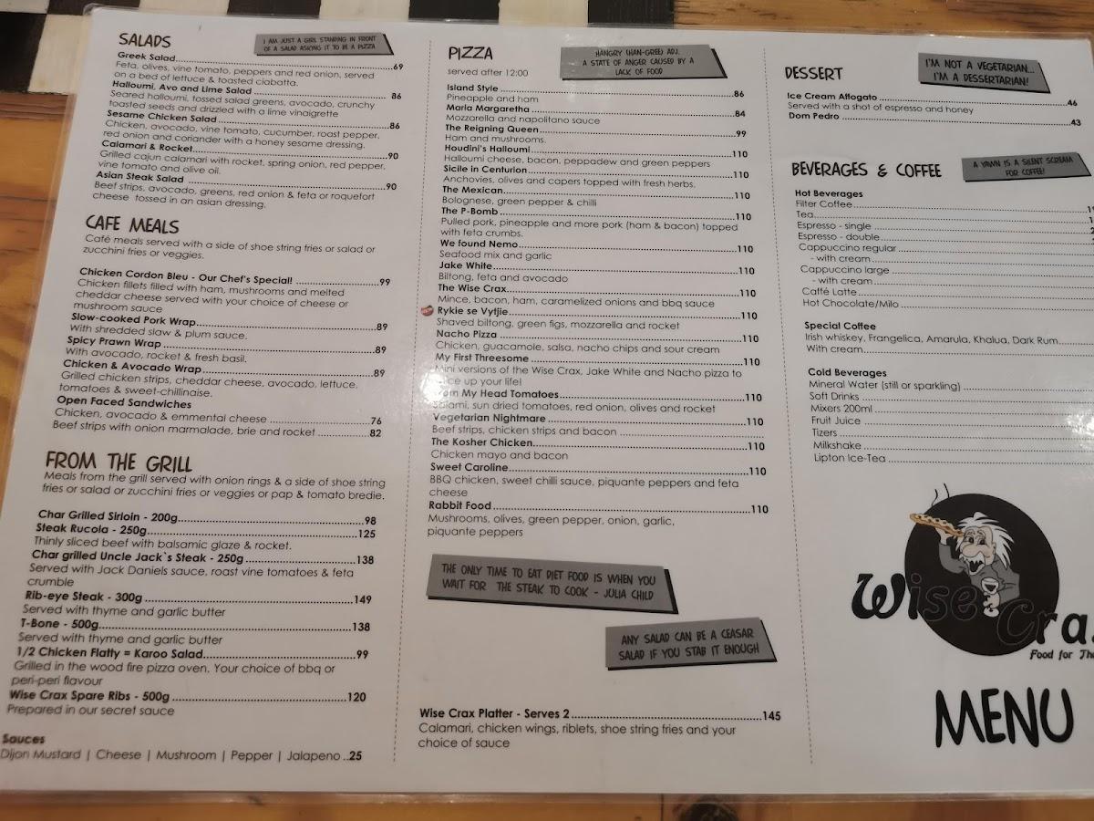 Menu at Wise Crax restaurant, Pretoria