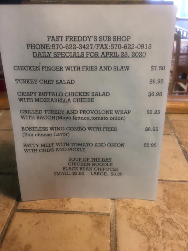 Menu at Fast Freddy's pizzeria, Pottsville