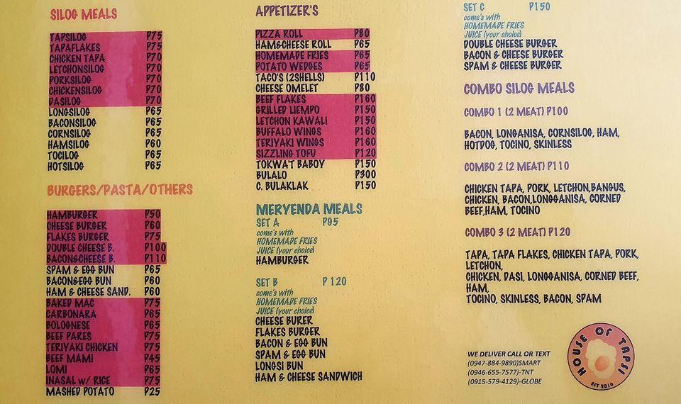 Menu at House of Tapsi restaurant, Dingalan