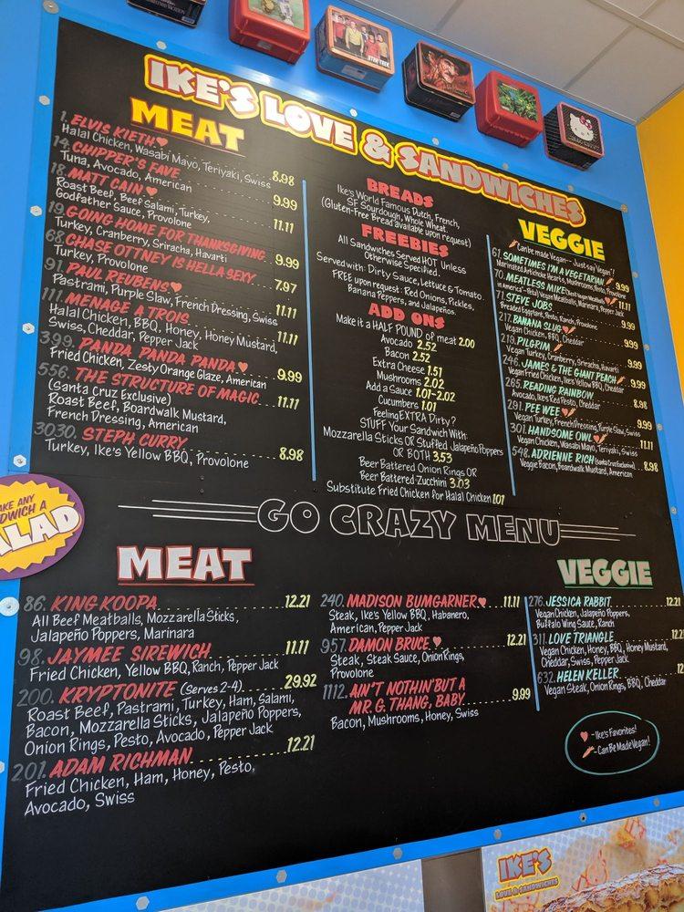 Menu at Ike's Love & Sandwiches restaurant, Santa Cruz