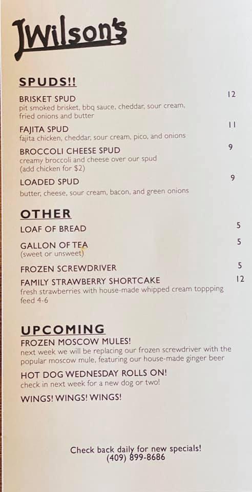 Menu at JWilson's pub & bar, Beaumont