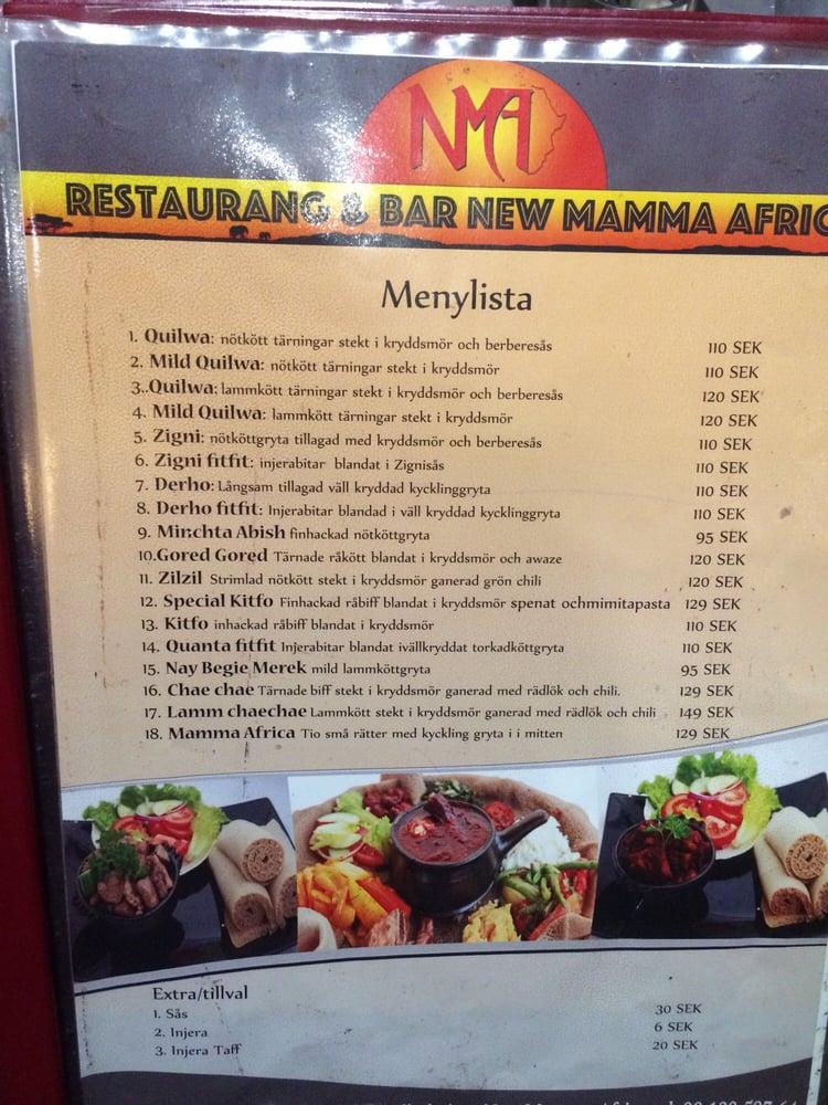 Menu at Mama Africa restaurant, Sollentuna