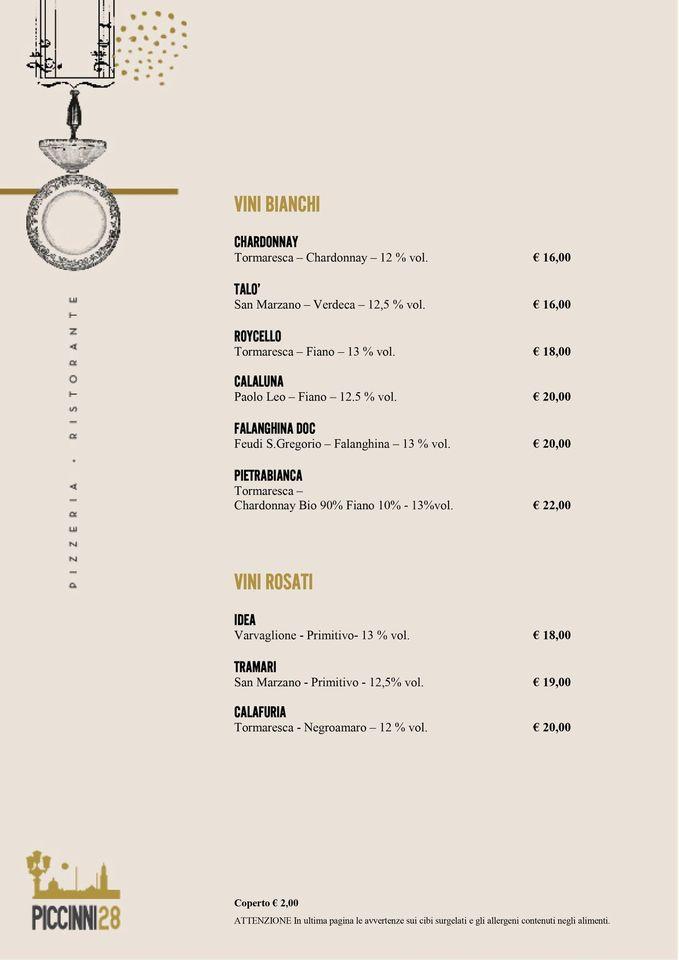 Menu at Piccinni 28 pub & bar, Bari