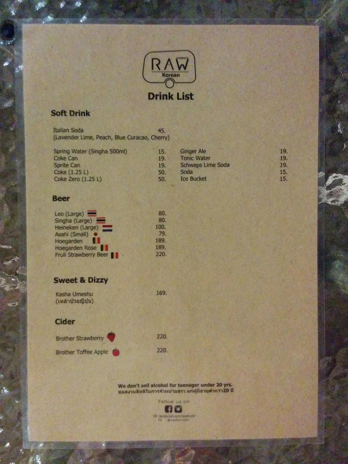Menu at RAW pub & bar, Chiang Mai