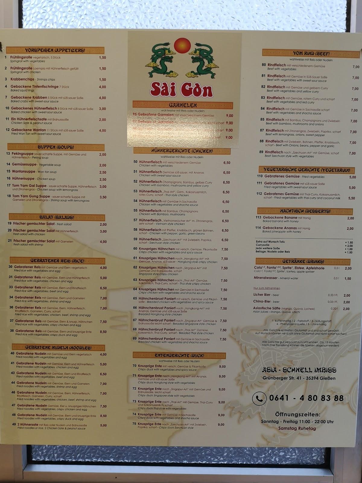 Speisekarte von Sai Gon Schnellimbiss restaurant, Gießen