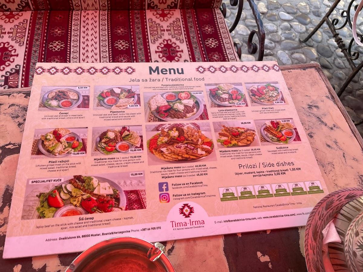 Menu at Tima - Irma restaurant, Mostar