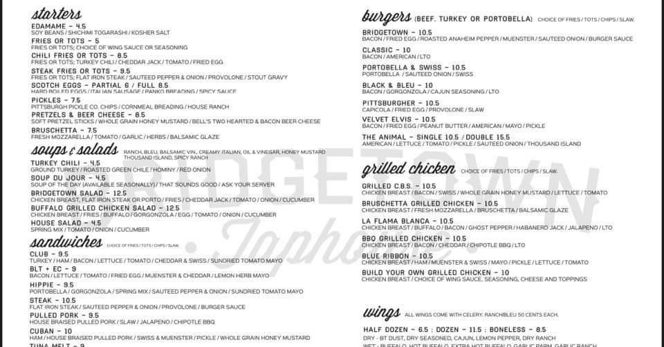 Menu at Bridgetown Taphouse pub & bar, Ambridge
