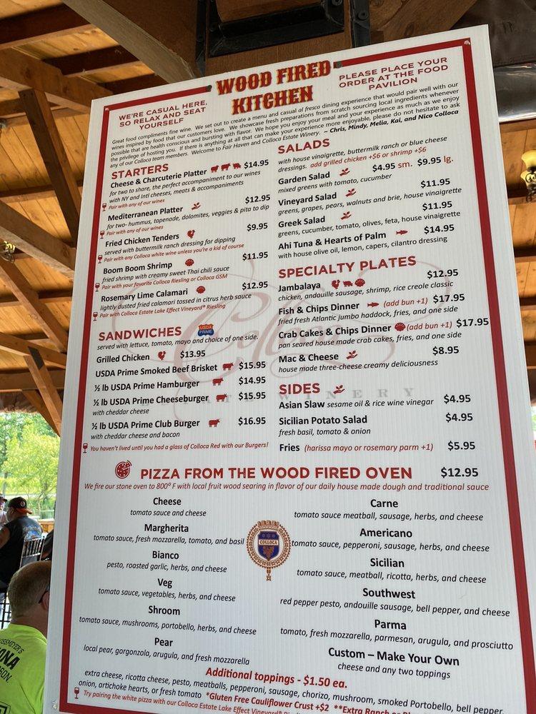 Menu at Colloca Estate Winery pub & bar, Fair Haven