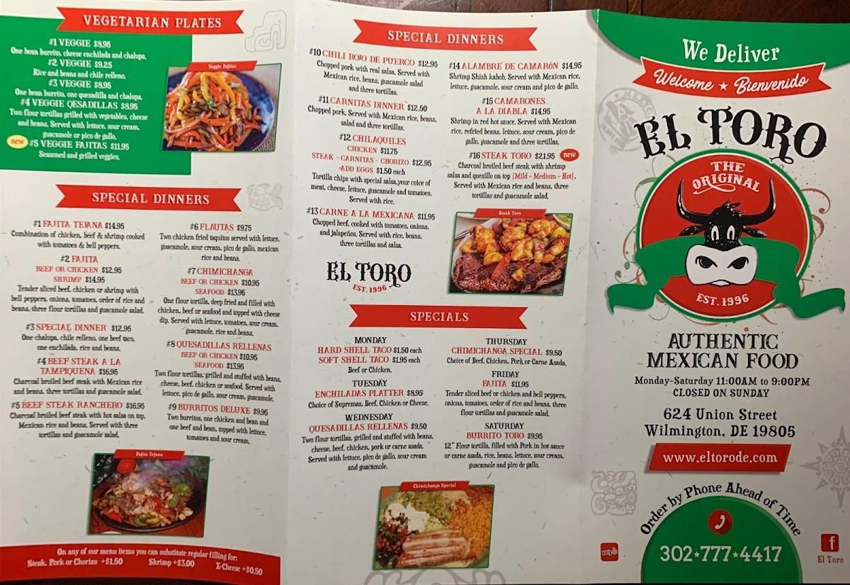 Menu at El Toro Take Out restaurant, Wilmington, 624 N Union St