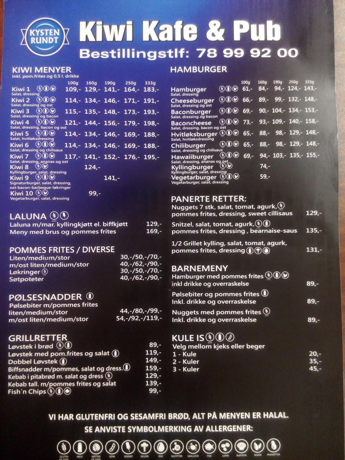 Menu at Kiwi Kafe Og Pub, Bjørnevatn, Sandnesveien 5