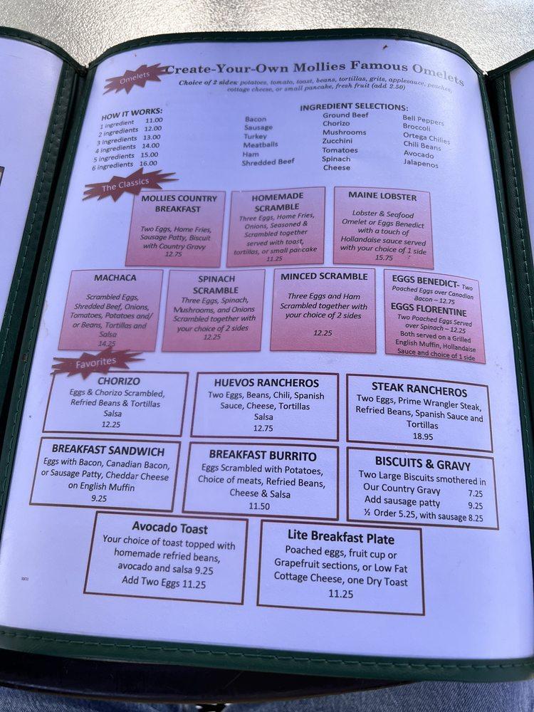 Menu at Mollies Famous Cafe, San Juan Capistrano