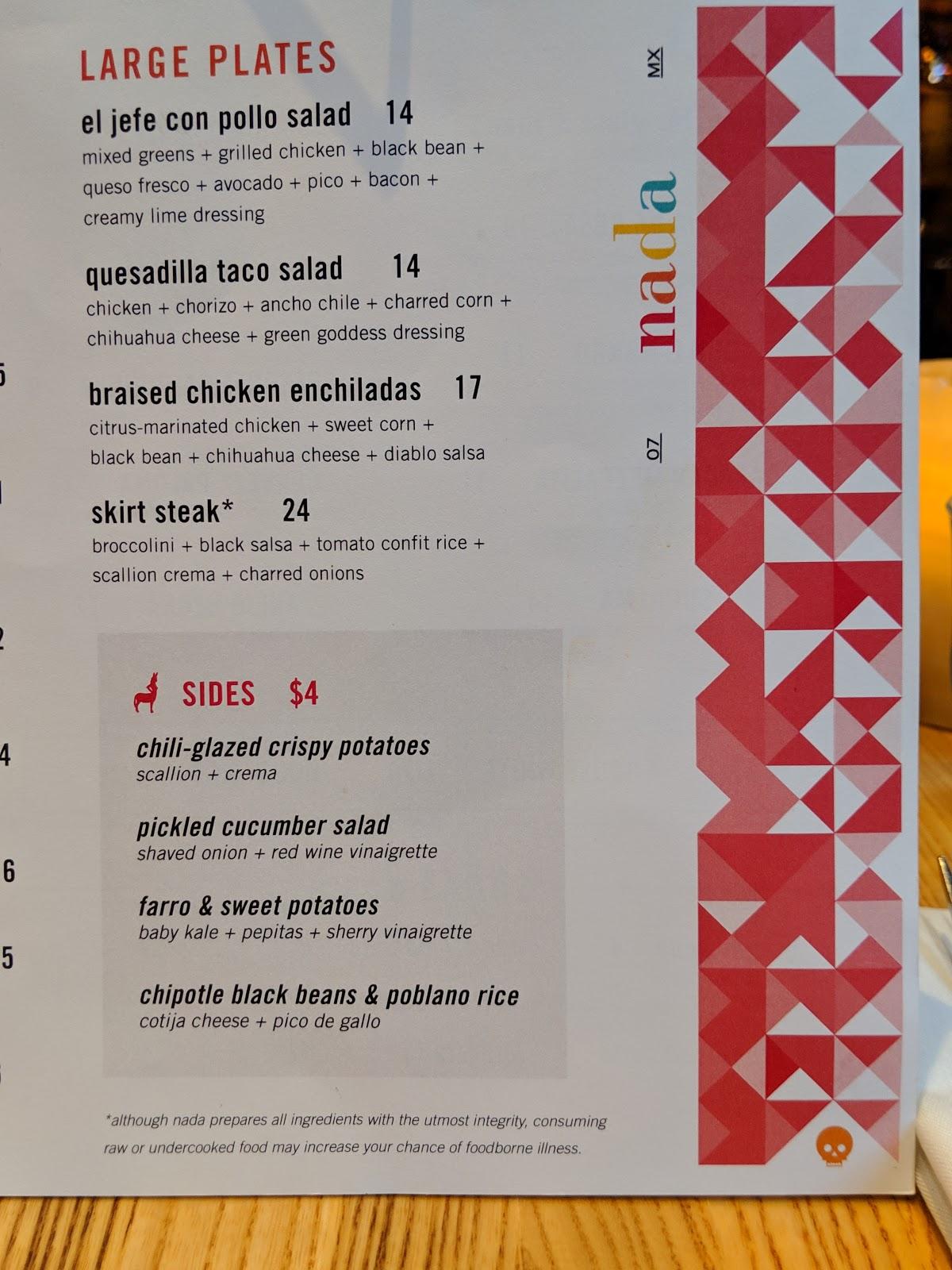 Menu at Nada pub & bar, Indianapolis