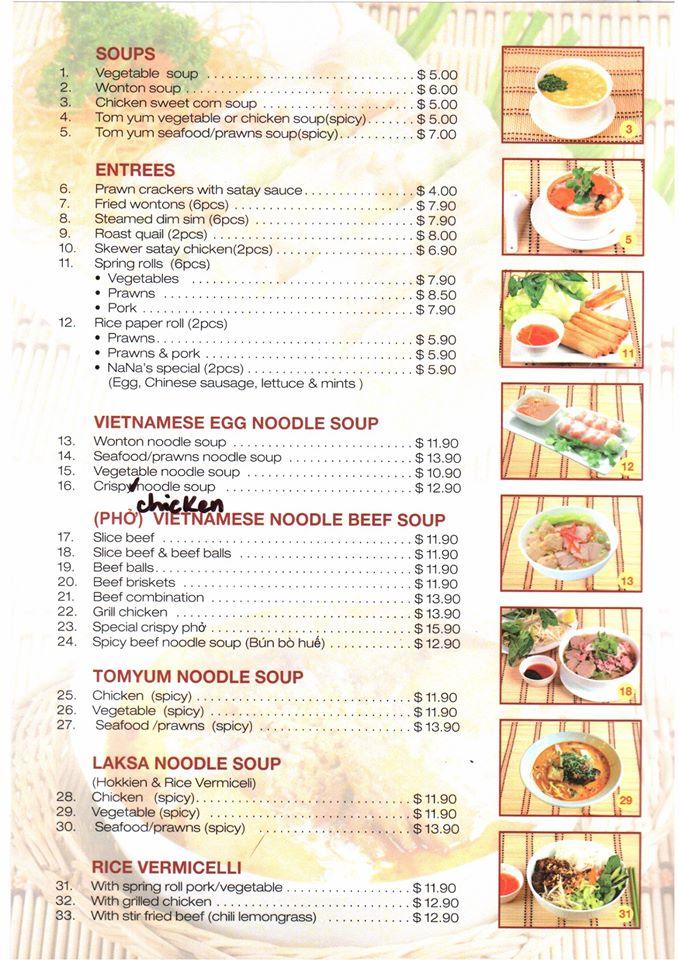 Menu at Nana restaurant, Camberwell
