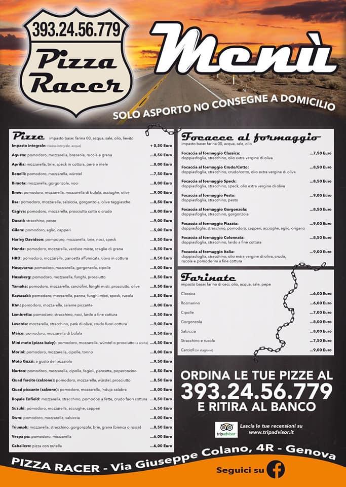 Menu at Pizza Racer restaurant, Genoa, Via Giuseppe Colano