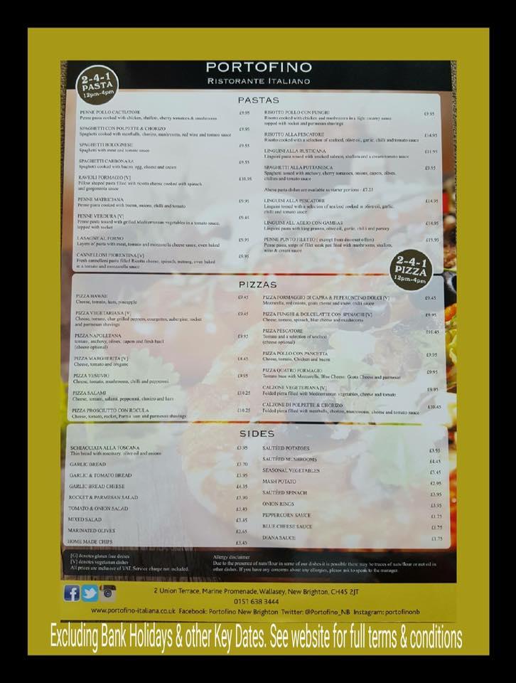 Menu at Portofino restaurant, Wallasey, 2 Marine Promenade