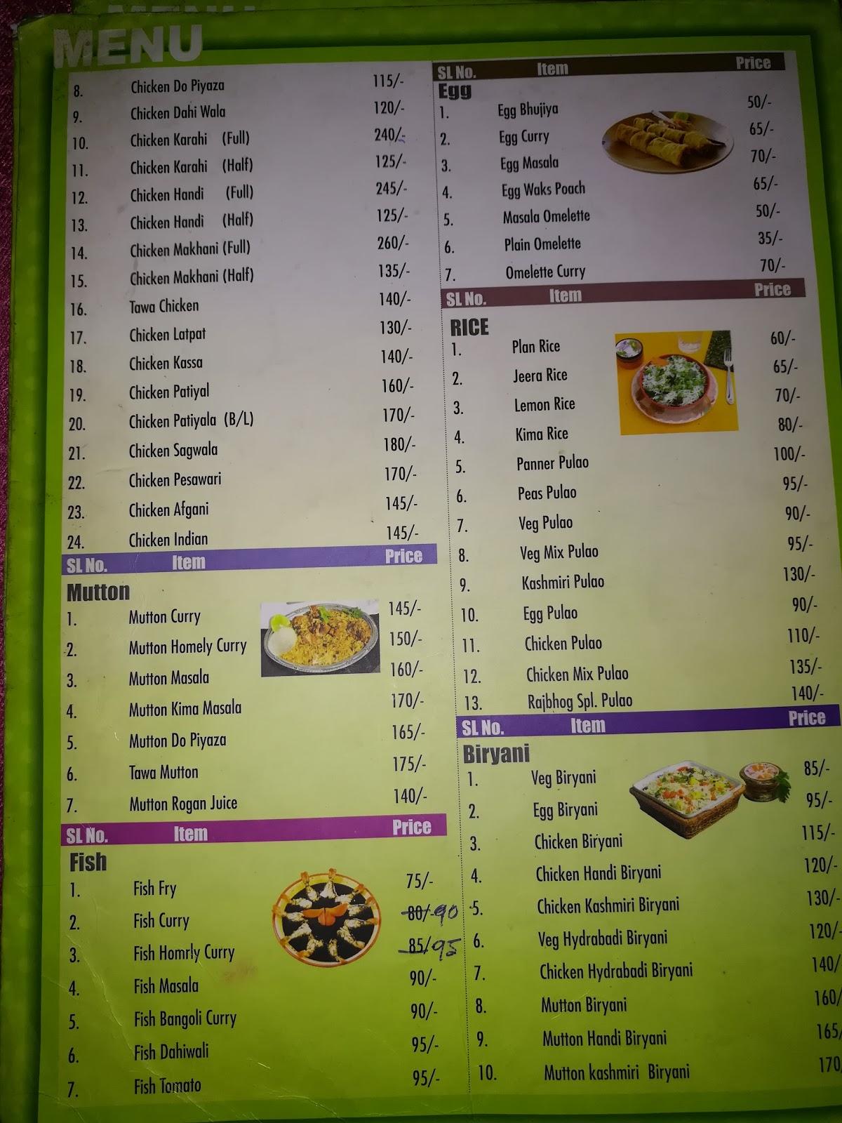 Menu at Raj Bhog, Ranchi