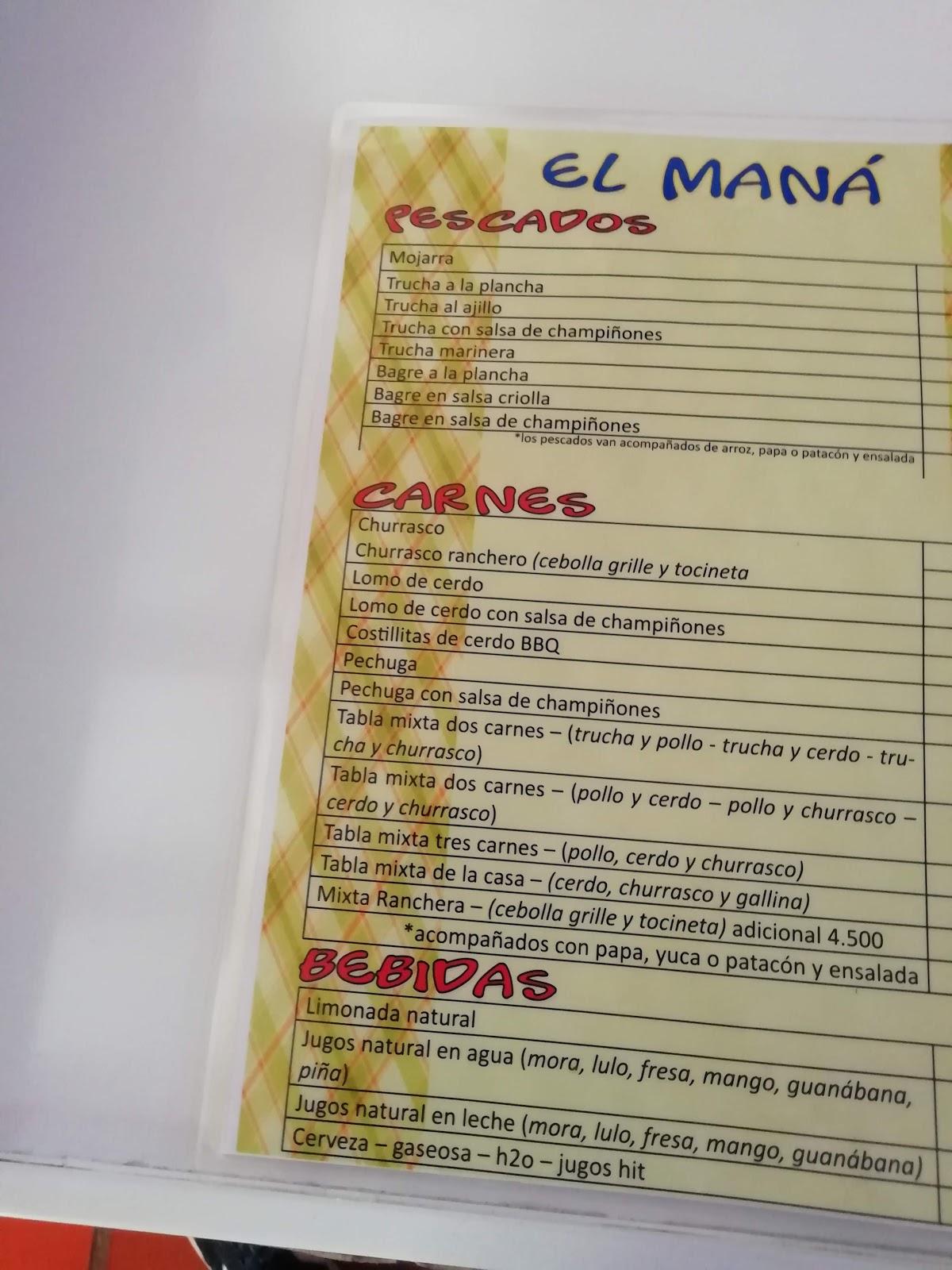 Menu at Restaurante El Mana, Tinjacá