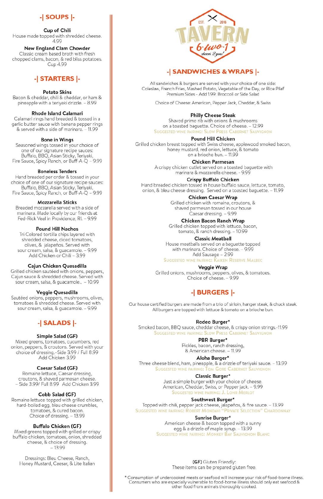 Menu at Tavern 6 two 1 pub & bar, North Smithfield