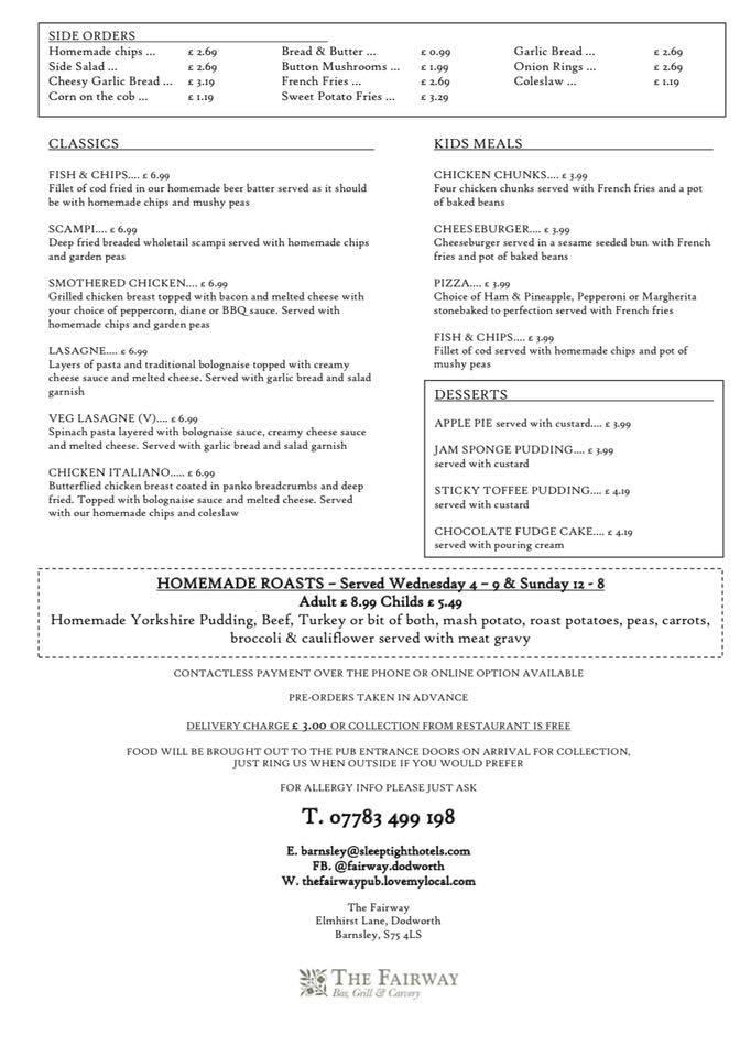 Menu at The Fairway Pub, Barnsley