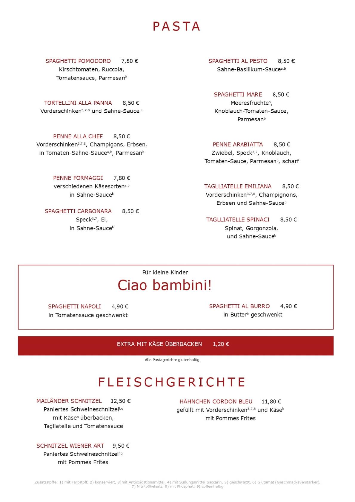 Menu at Va Bene restaurant, Straubing
